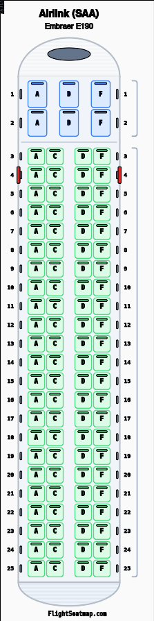 Airlink (SAA) Embraer E190 Seat Map & Seating Chart | Flight Seatmap