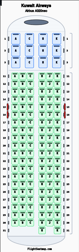 Kuwait Airways Airbus A320neo Seat Map & Seating | Flight Seatmap