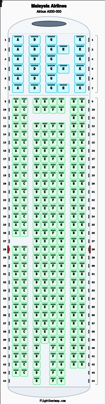 Malaysia Airlines Airbus A330-300 (2-klasowa) mapa | Flight Seatmap
