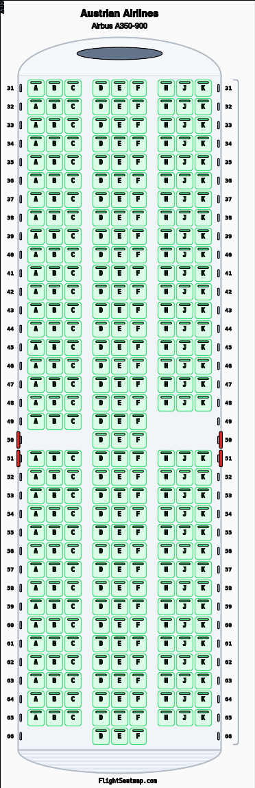 Austrian Airlines Airbus A350-900 (1 clases) Mapa de | Flight Seatmap